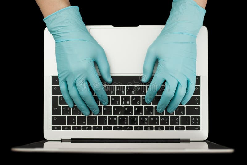 Hands in Blue Protective Gloves Typing on Laptop Keyboard. Top View ...