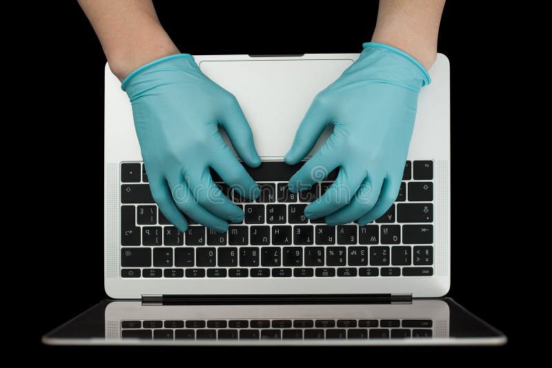 Hands in Blue Protective Gloves Typing on Laptop Keyboard. Top View ...