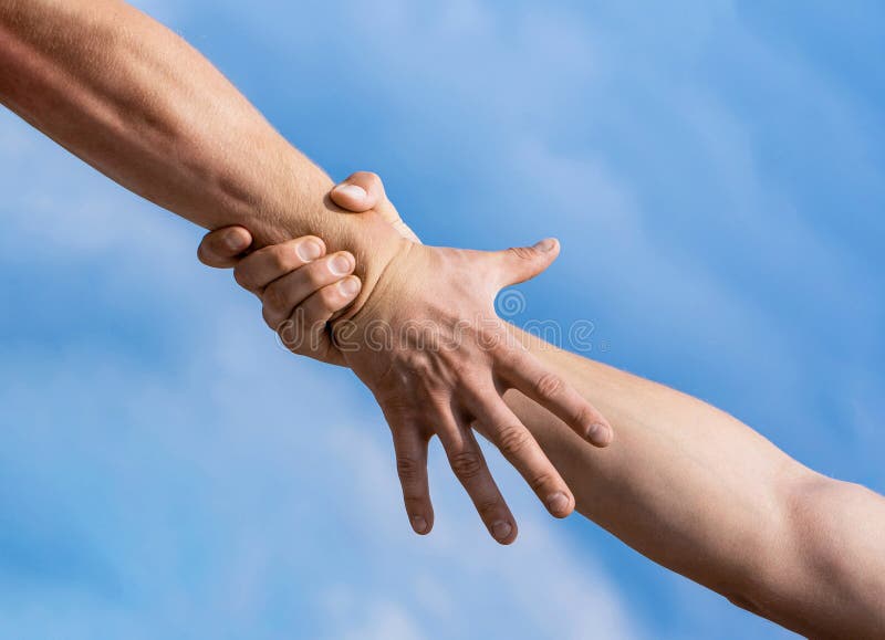 Hands of on Blue Sky Background. Helping Hands Concept, Support. Close ...