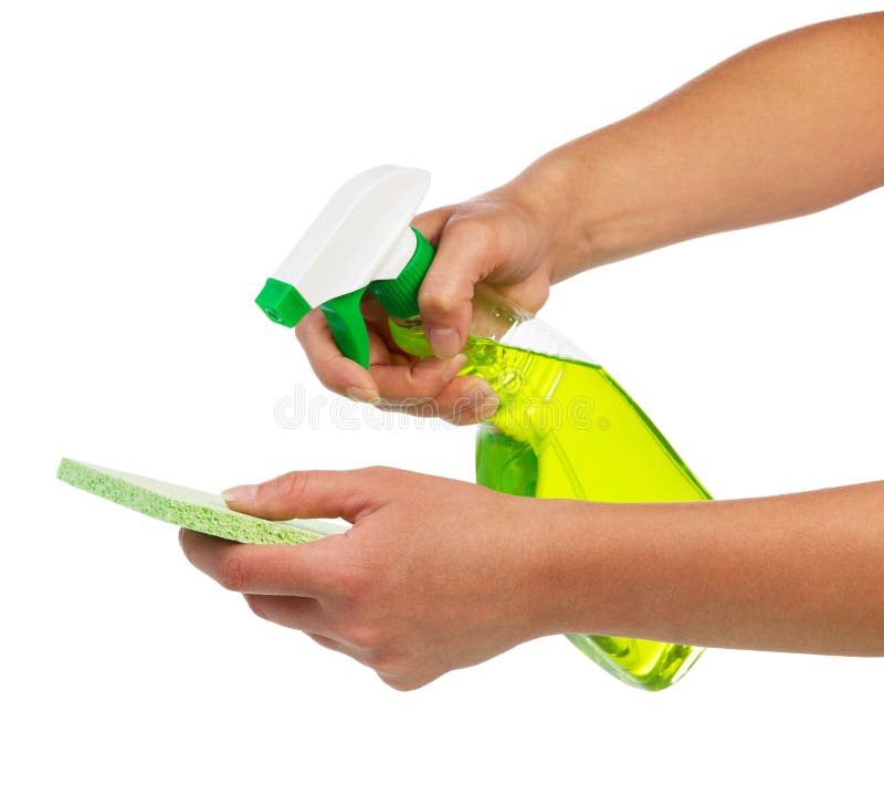 Hands with Bottle and Sponge Stock Photo - Image of chores, fingers ...