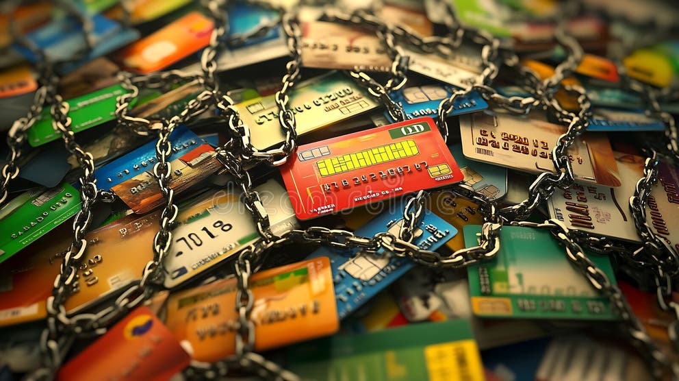 Hands Bound by Chains of Credit Cards, Representing Debt Bondage Stock ...