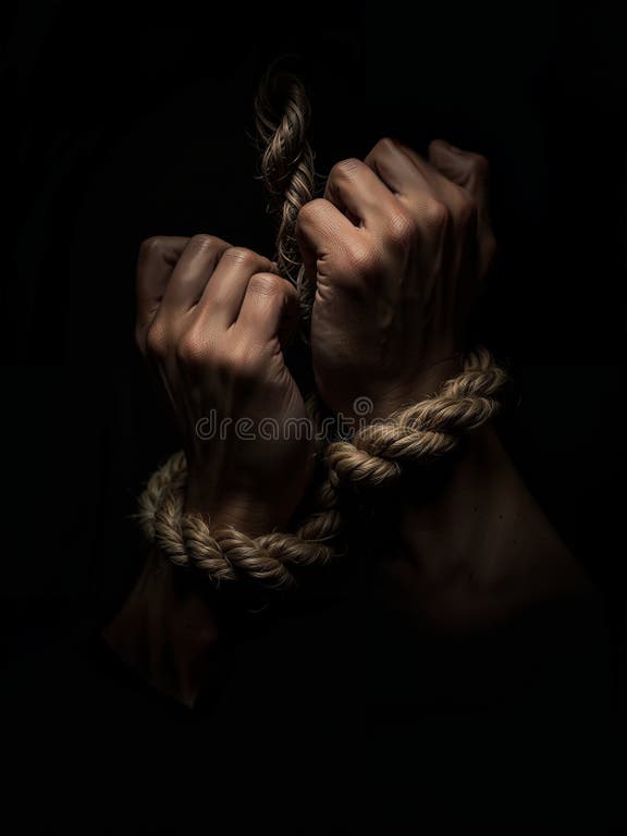 Hands Bound with Rope in Low Light Express Themes of Struggle and ...