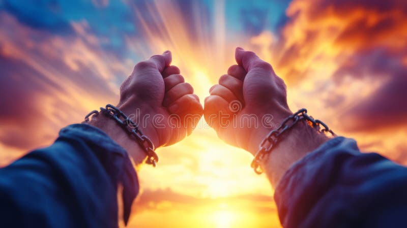 Hands Breaking Free from Chains Against a Vibrant Sunset Sky with ...