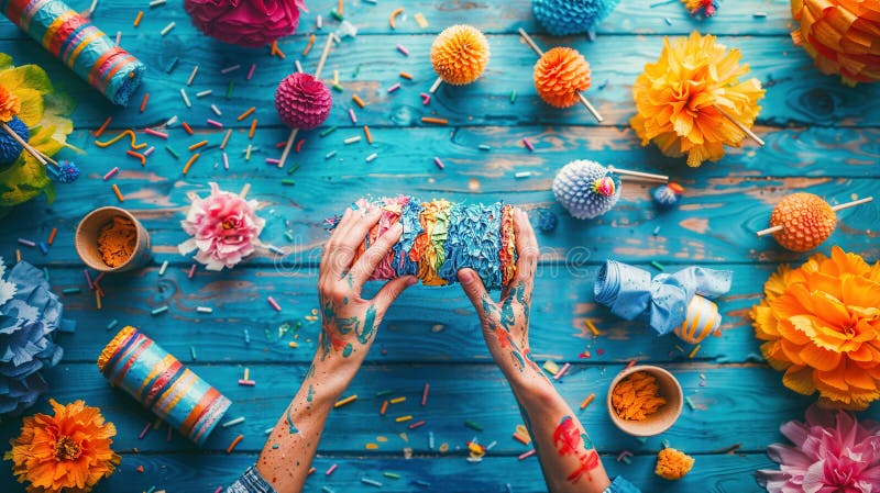 Hands Breaking a Pinata, Surrounded by Festive Decorations on a Vibrant ...