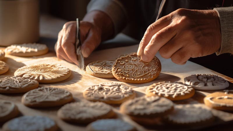 Hands of the Bride and a Baker Decorating a Batch of Sugar Cookies with ...