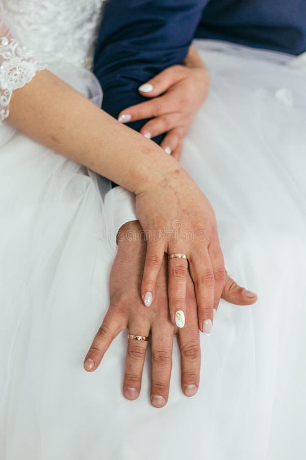 Hands of Brides with Gold Wedding Rings Close Up Stock Image - Image of ...