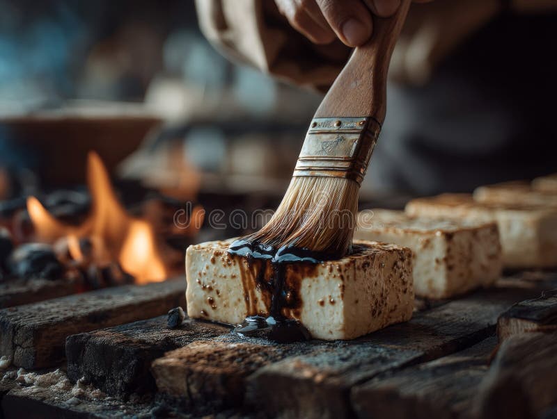 Hands Brushing Dark Sauce on Grilled Tofu Blocks Over Fire Stock ...
