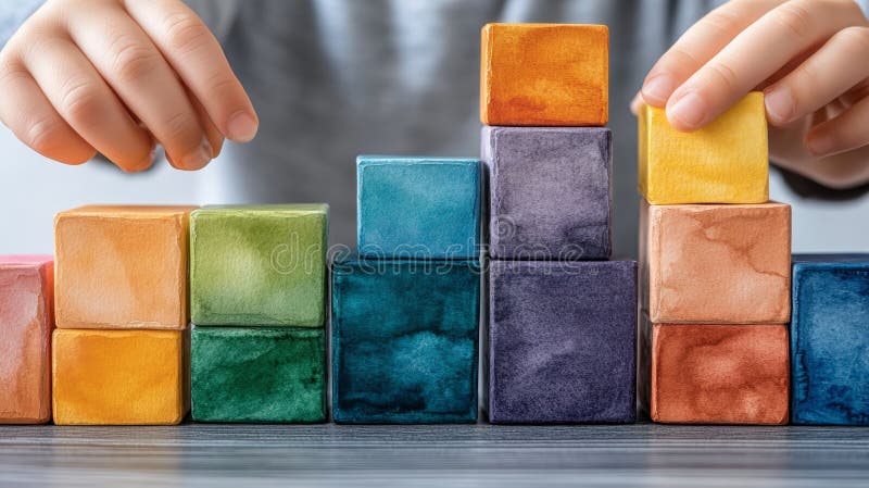 Hands Build a Colorful Block Tower, Symbolizing Growth, Success, and ...