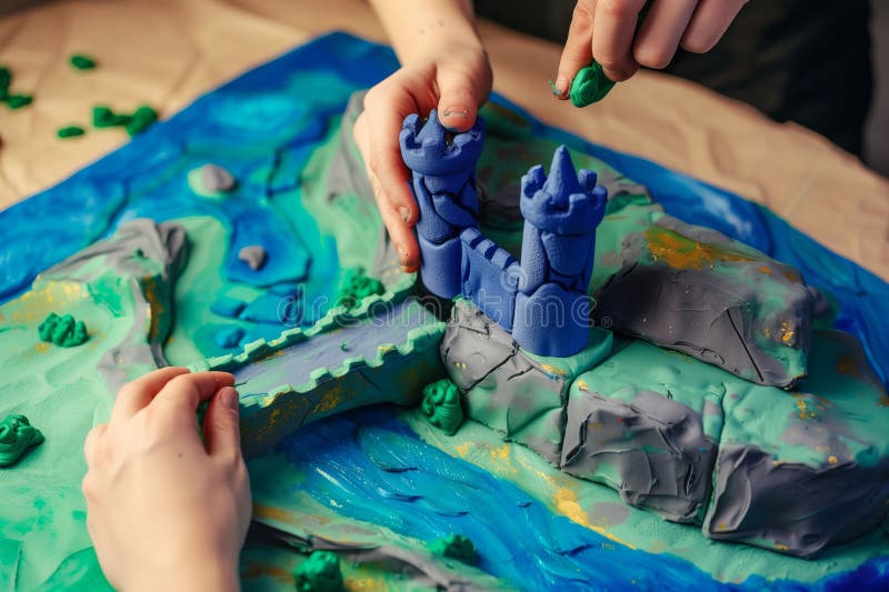 Hands Building a Plasticine Castle with a Moat Stock Photo - Image of ...
