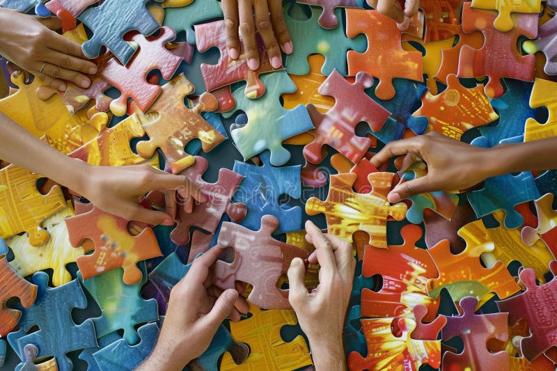 Hands Building Puzzle Hands Assembling a Puzzle on a Wooden Table Stock ...