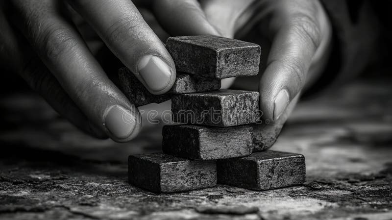 Hands Building Rustic Block Tower on Dark Wood Stock Illustration ...
