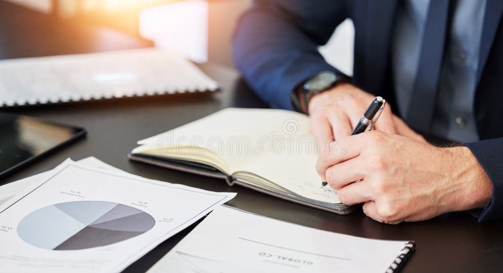 Hands, Business Man and Notes with Graphs, Analytics and Statistics of ...