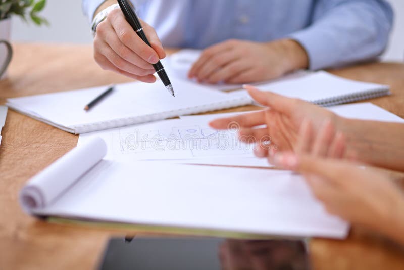 Hands of Business People Meeting Around Table Stock Image - Image of ...