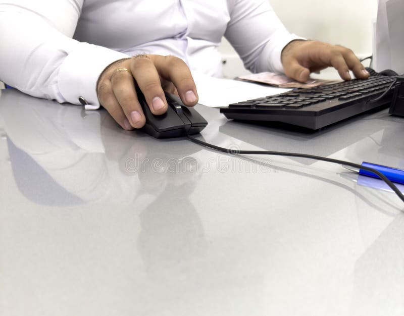 Hands of Businessman Holding Computer Mouse and Keyboard in Office ...