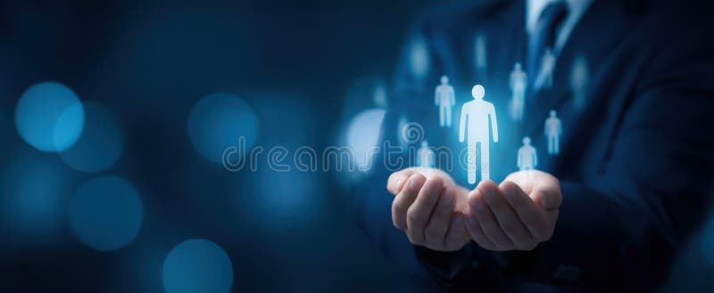 The Hands of a Businessman Holding Digital Human Figures in a Blue ...