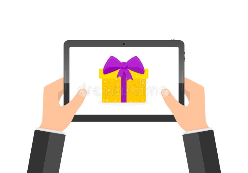 Hands with Tablet and Gift Box. Vector Illustration Stock Illustration ...