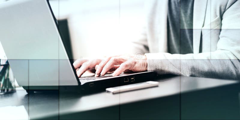 Hands of Businessman Using Laptop, Geometric Pattern Stock Illustration ...