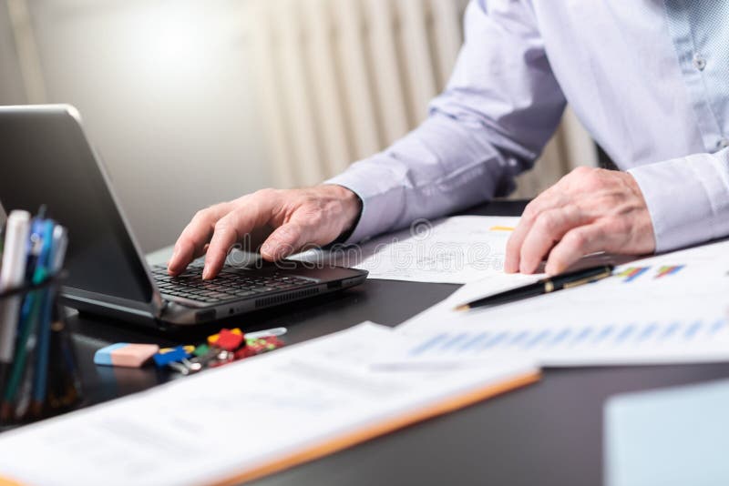 Hands of Businessman Using Laptop, Light Effect Stock Photo - Image of ...