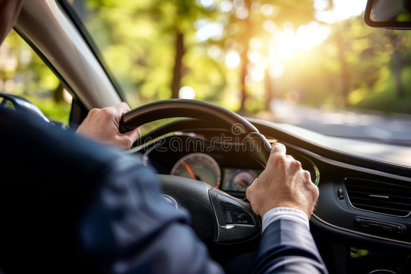 Hands of Businessman on the Wheel when Driving from Inside the Car ...