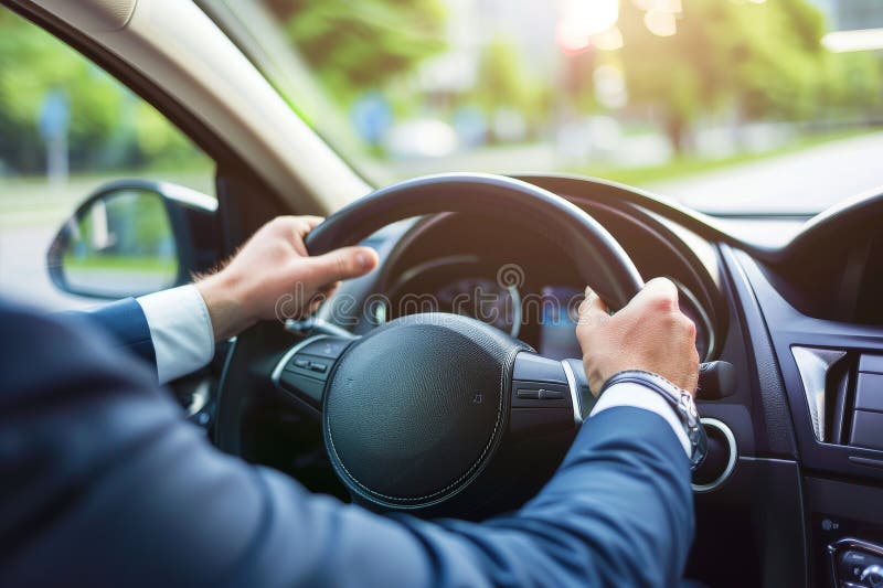 Hands of Businessman on the Wheel when Driving from Inside the Car ...