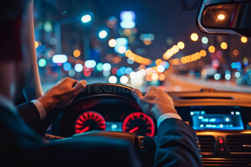 Hands of Businessman on the Wheel when Driving from Inside the Car at ...