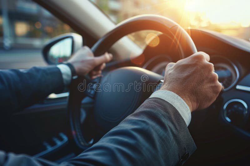 Hands of Businessman on the Wheel when Driving from Inside the Car at ...