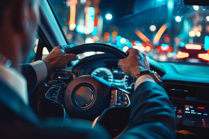 Hands of Businessman on the Wheel when Driving from Inside the Car at ...