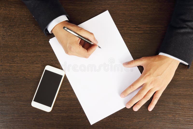 Hands of Businessman Write on White Sheet of Paper, Top View Close-up ...