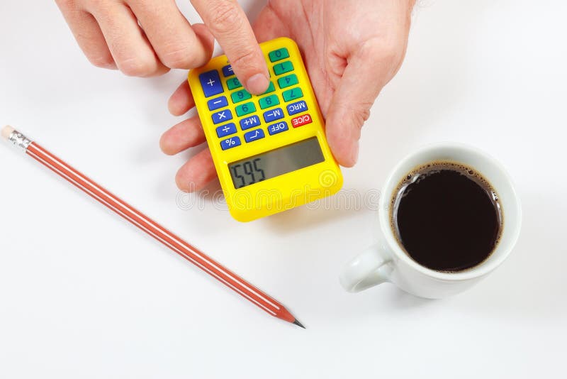 Hands Calculate Using a Pocket Calculator on White Background Stock ...