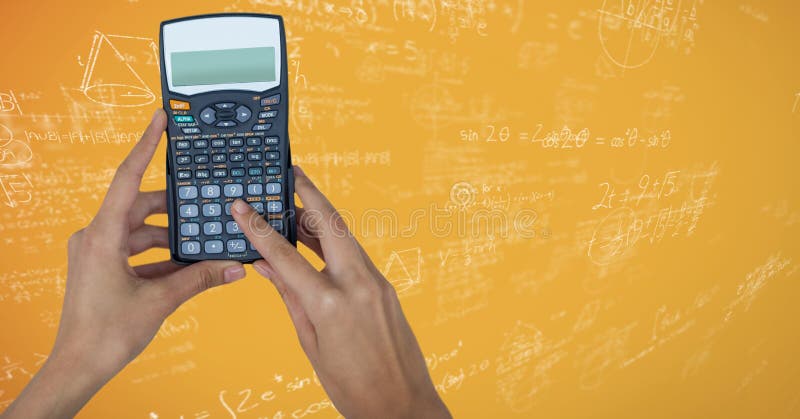 Hands with Calculator Against Yellow Math Doodles Stock Image - Image ...