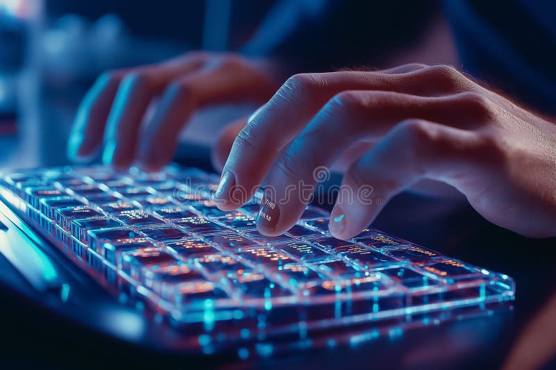 Hands Calmly Type on a Brightly Illuminated Keyboard in a Dimly Lit ...