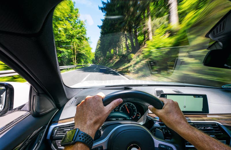 Hands of Car Driver on Steering Wheel, Road Trip, Driving on Highway ...