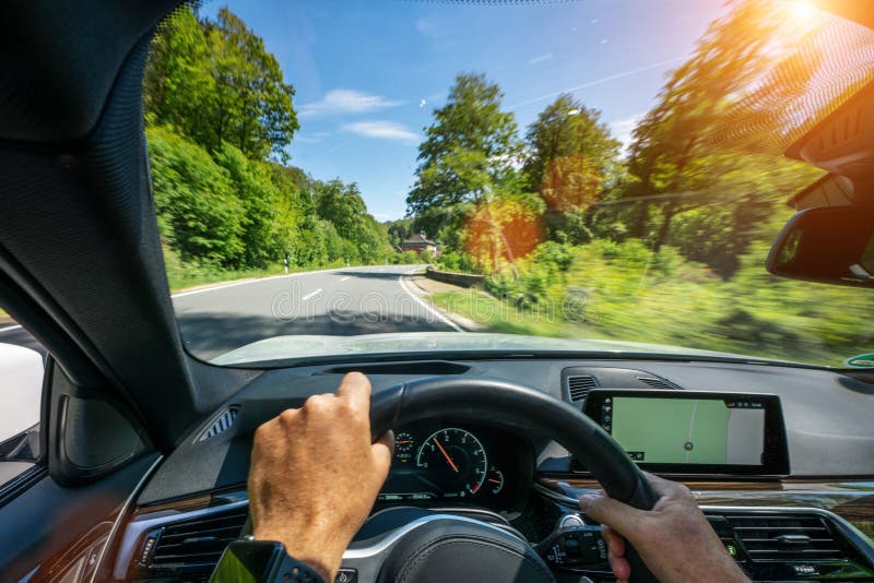 Hands of Car Driver on Steering Wheel, Road Trip, Driving on Highway ...