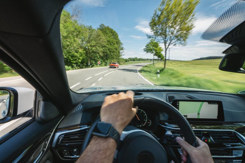 Hands of Car Driver on Steering Wheel, Road Trip, Driving on Highway ...