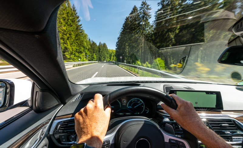 Hands of Car Driver on Steering Wheel, Road Trip, Driving on Highway ...