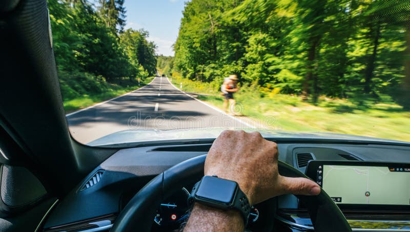 Hands of Car Driver on Steering Wheel, Road Trip, Driving on Highway ...