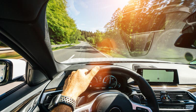Hands of Car Driver on Steering Wheel, Road Trip, Driving on Highway ...