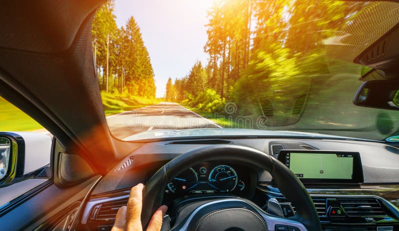 Hands of Car Driver on Steering Wheel, Road Trip, Driving on Highway ...