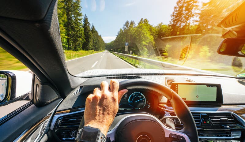 Hands of Car Driver on Steering Wheel, Road Trip, Driving on Highway ...