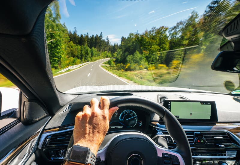 Hands of Car Driver on Steering Wheel, Road Trip, Driving on Highway ...