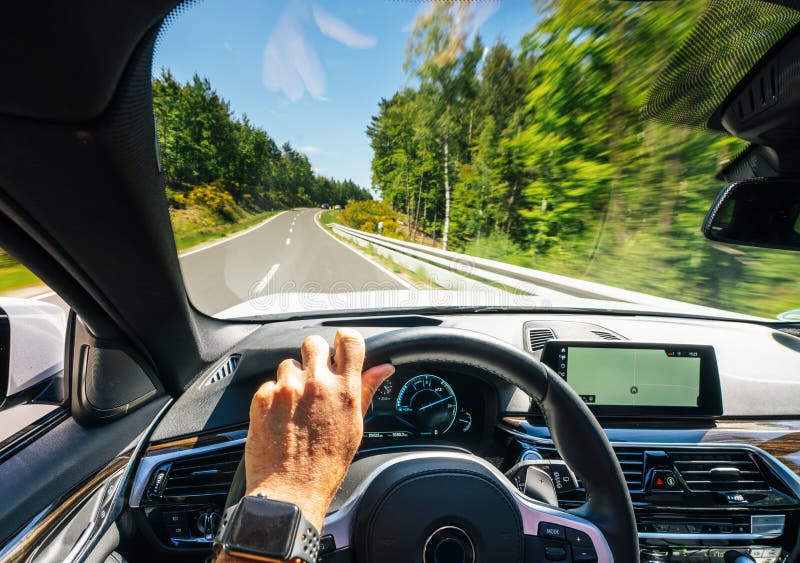 Hands of Car Driver on Steering Wheel, Road Trip, Driving on Highway ...