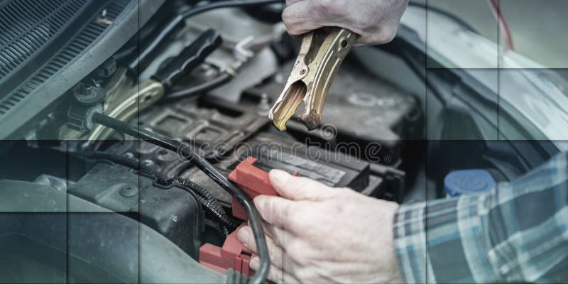 Hands of Car Mechanic Using Car Battery Jumper Cable, Geometric Pattern ...