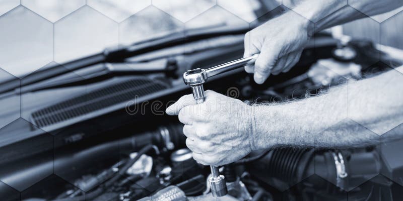 Hands of Car Mechanic Working on Car Engine, Geometric Pattern Stock ...