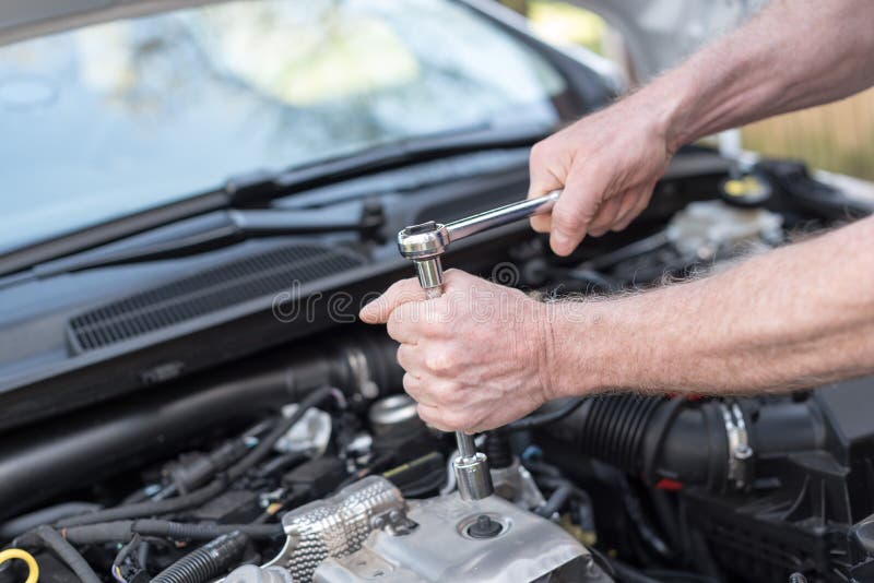 Hands of Car Mechanic Working on Car Engine Stock Image - Image of tool ...