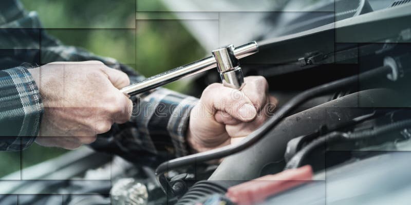 Hands of Car Mechanic Working on Car Engine, Geometric Pattern Stock ...