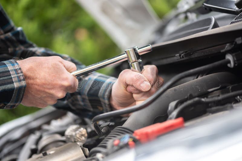 Hands of Car Mechanic Working on Car Engine Stock Photo - Image of work ...