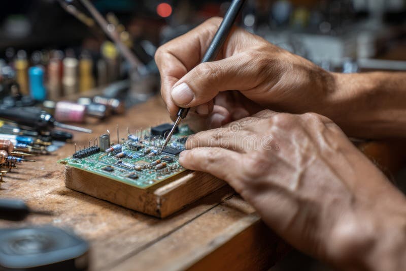 Hands Carefully Assemble a Partially Built Circuit Board Using Precision Tools on a Cluttered ...