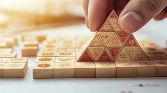 Skillful Hands Building a Wooden Pyramid with Engraved Shapes on a ...