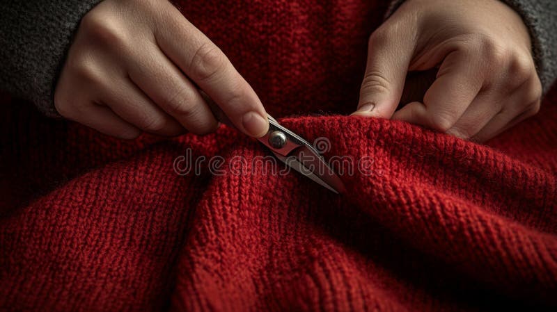 Hands Carefully Cutting a Red Knitted Fabric Stock Illustration ...