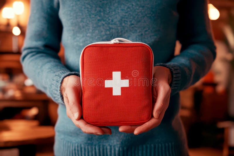 Hands Carefully Holding Red First Aid Kit. Stock Photo - Image of ...